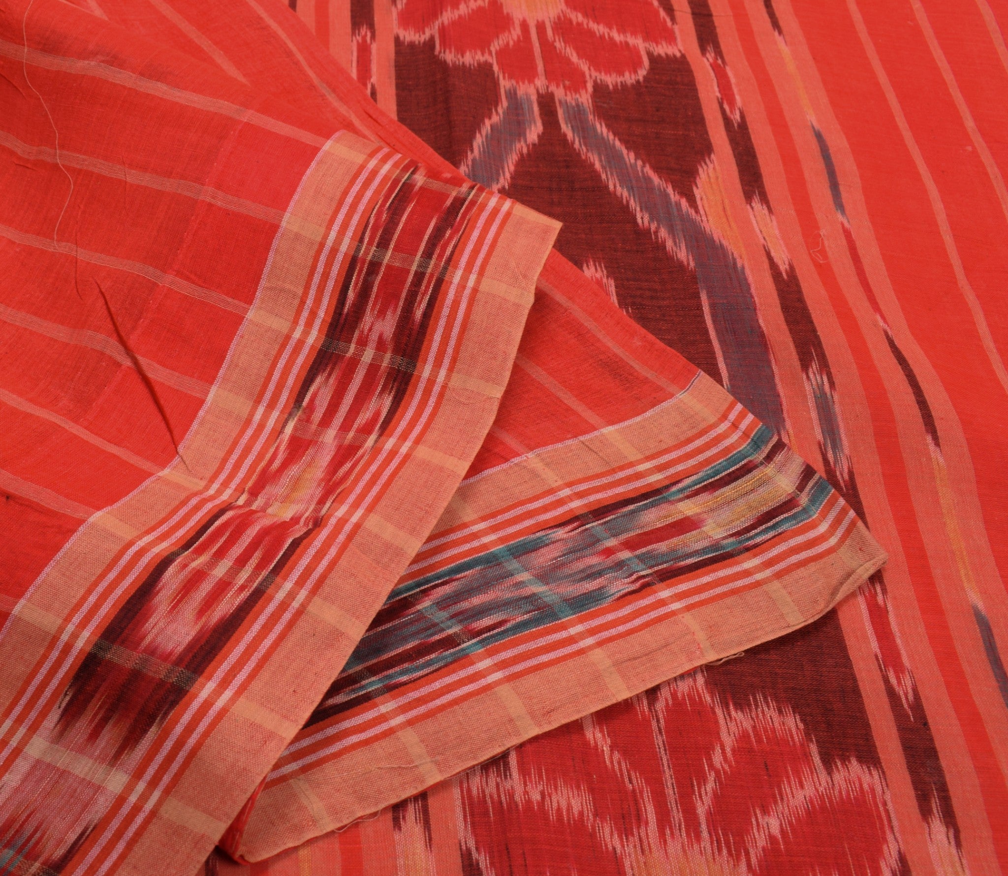 Sushila Vintage Sambalpuri Ikat Sarees Handwoven Pure Cotton Red Sari
