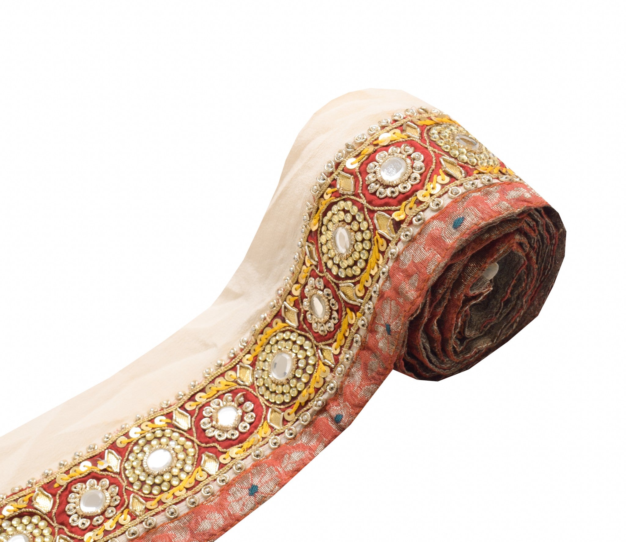 Sushila Vintage Red Saree Border Craft SewingTrim Sequins Stone Work L