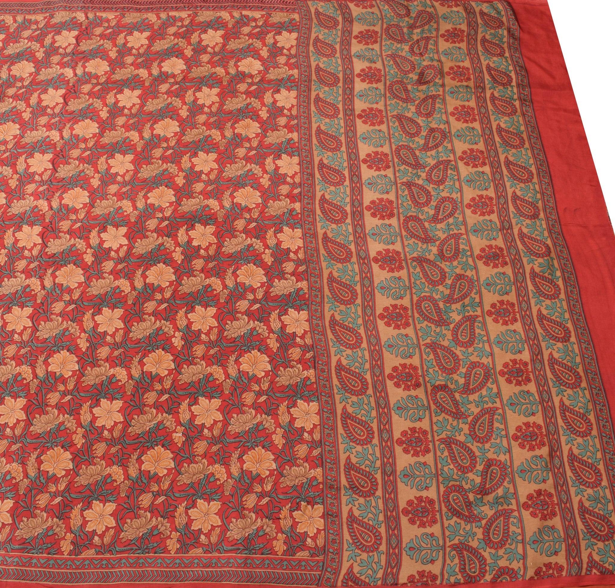 Sushila Vintage Dark Red Floral Saree 100% Pure Silk Printed Soft Craf