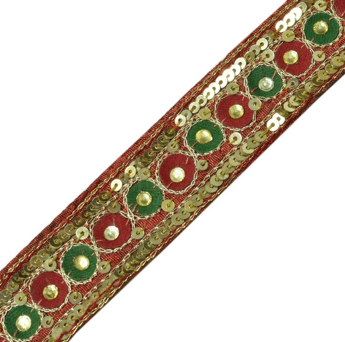 Vintage Sari Border Indian Craft Trim Sequins Embroidered Deep Red Rib ...