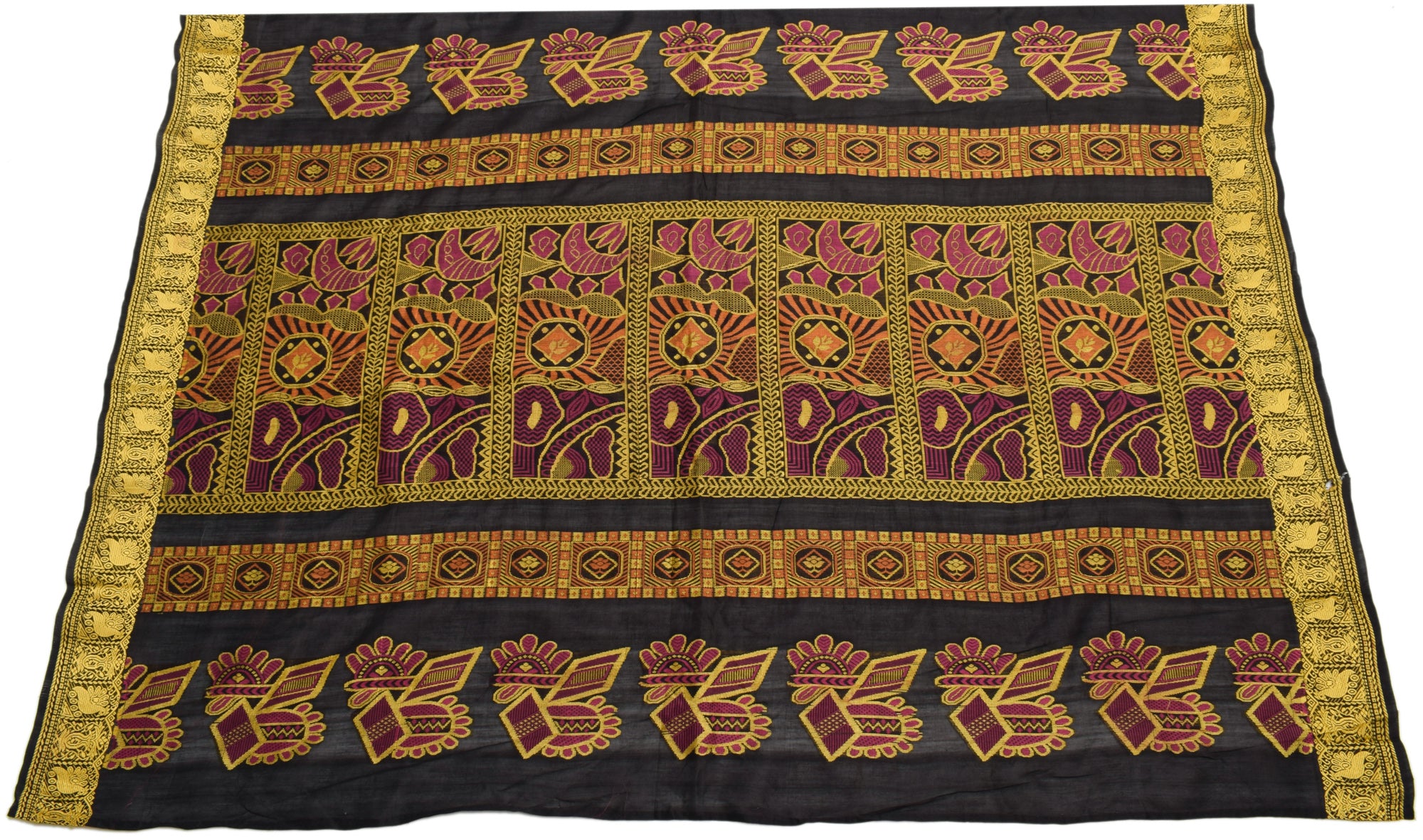 Sushila Vintage Black Sari Remnant Scrap 100%Pure Silk Woven Floral Cr