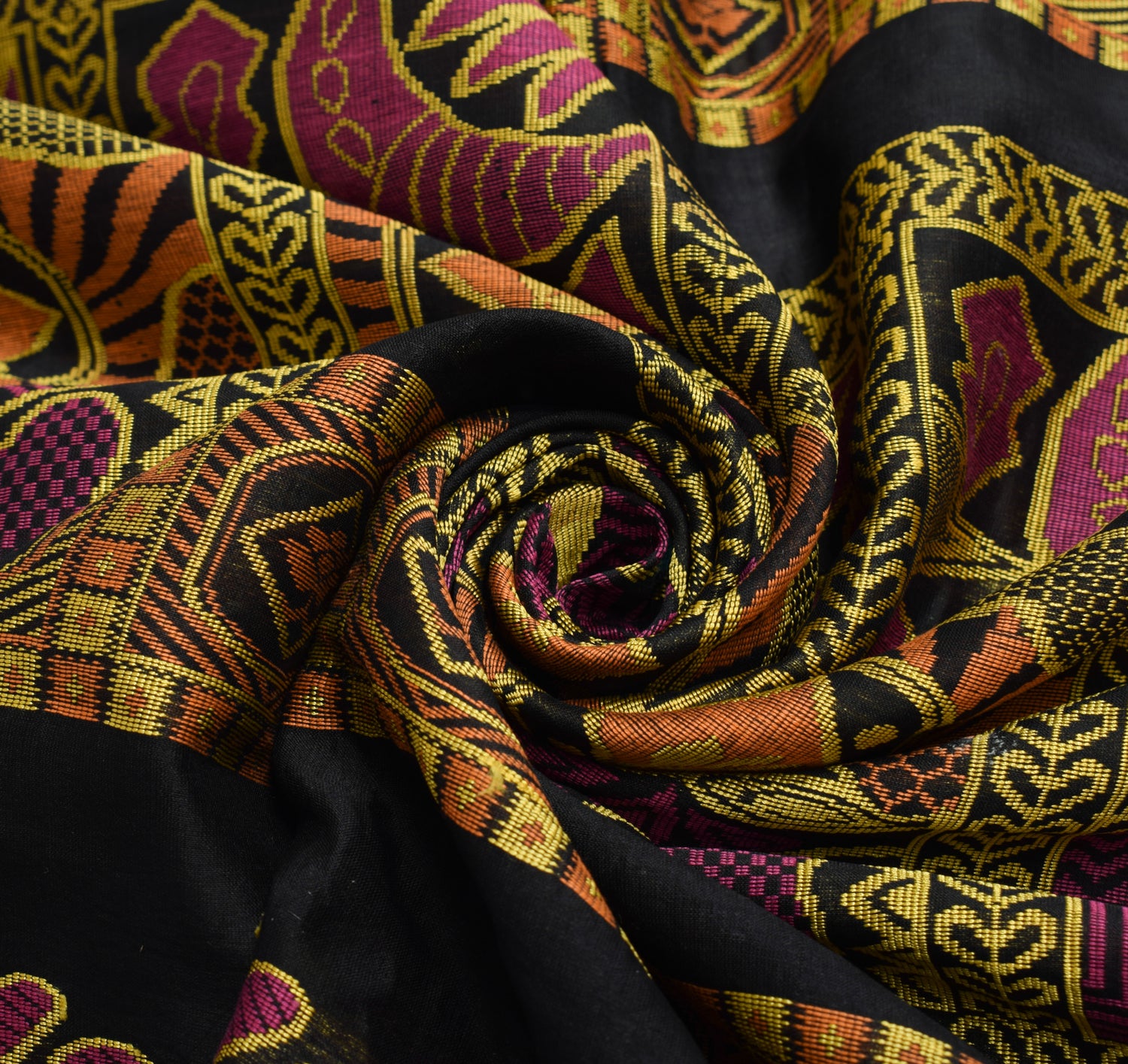 Sushila Vintage Black Sari Remnant Scrap 100%Pure Silk Woven Floral Cr