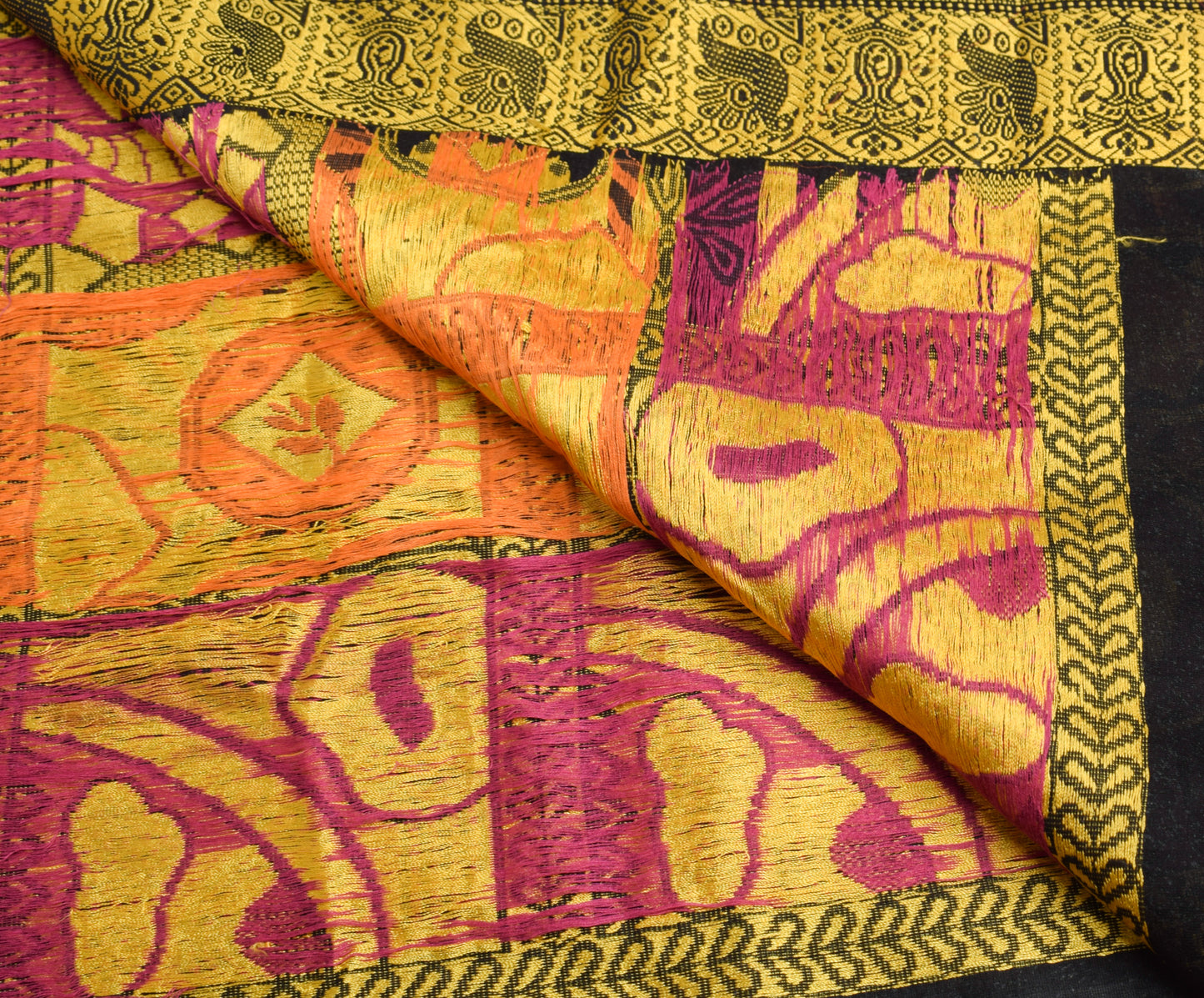 Sushila Vintage Black Sari Remnant Scrap 100%Pure Silk Woven Floral Cr